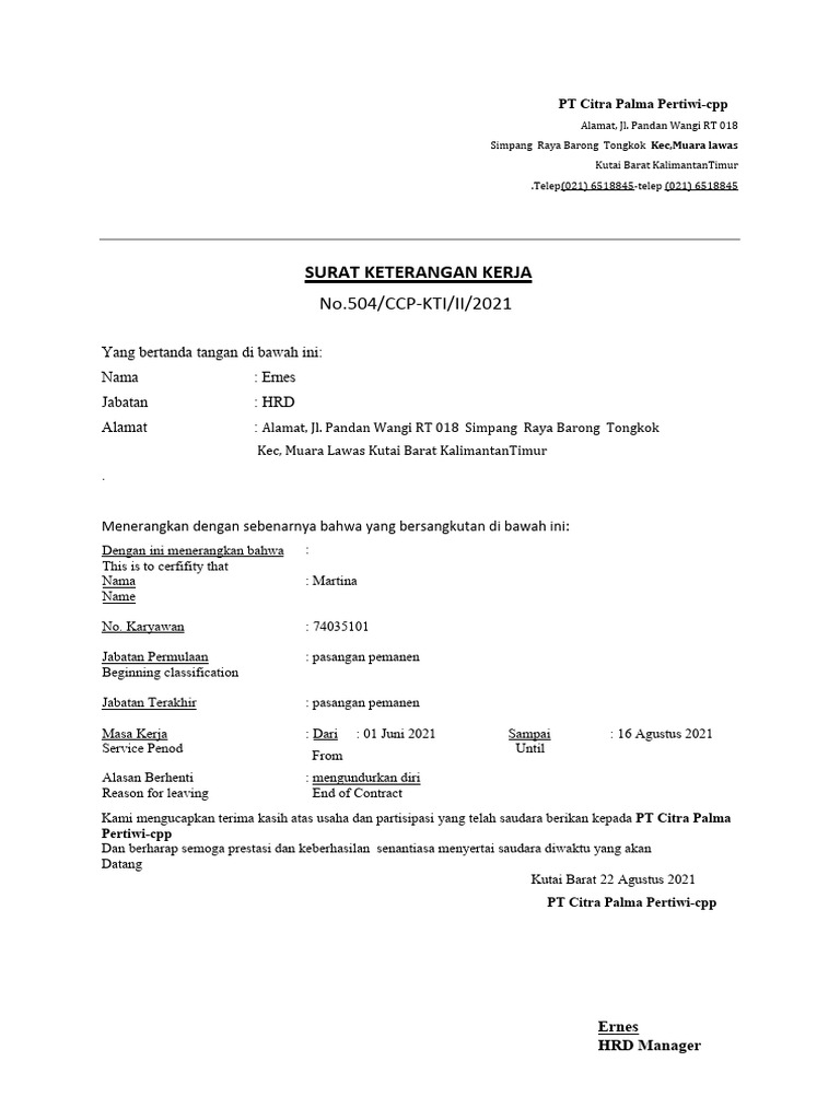 Surat Keterangan Kerja: No.504/CCP-KTI/II/2021 | PDF