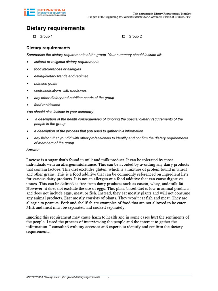 Dietary Requirements Group 1 | PDF