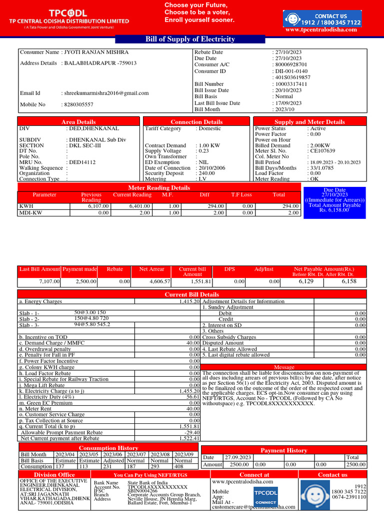 TPCODL Electricity Bill Details | PDF | Economies | Payments
