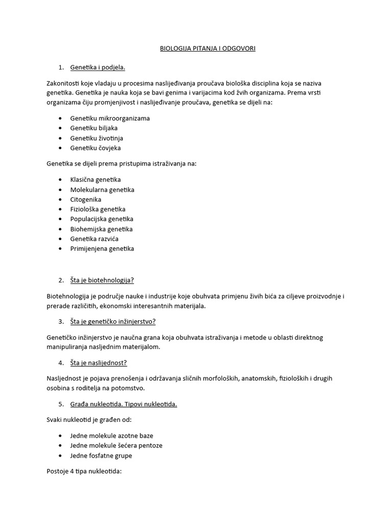 Biologija Pitanja I Odgovori | PDF