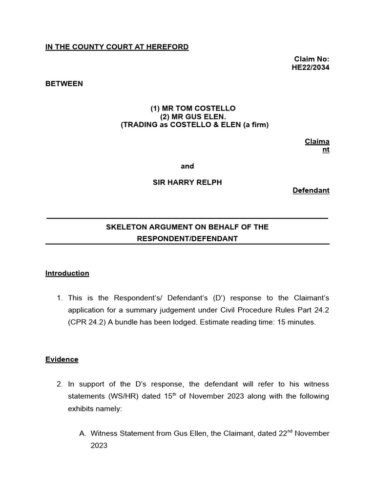 Skeleton Argument - Relph | PDF | Judgment (Law) | Summary Judgment