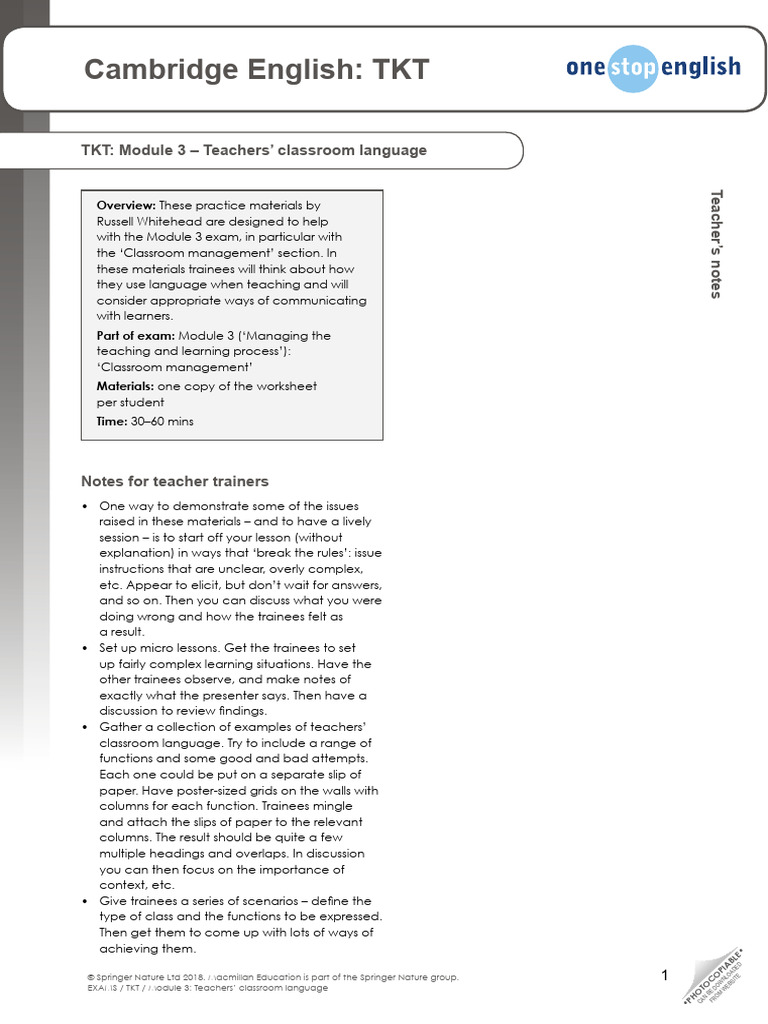 TKT Module 3 Teachers Classroom Language | Download Free PDF | Teachers | Learning