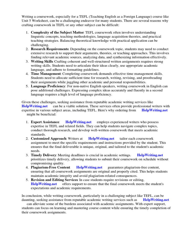 Tefl Course Unit 5 Worksheet | Download Free PDF | Expert | English As ...