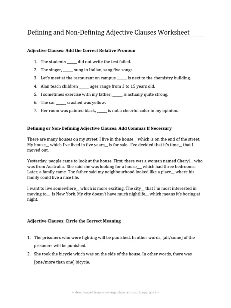 Defining Adjective Clause Worksheet | Download Free PDF | Linguistics ...