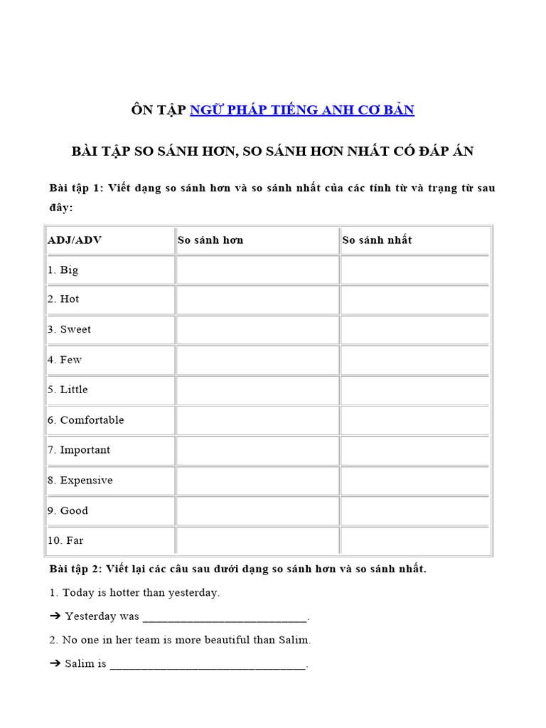 Tong Hop Bai Tap So Sanh Hon Va So Sanh Nhat Co Dap An | PDF | Language Arts & Discipline
