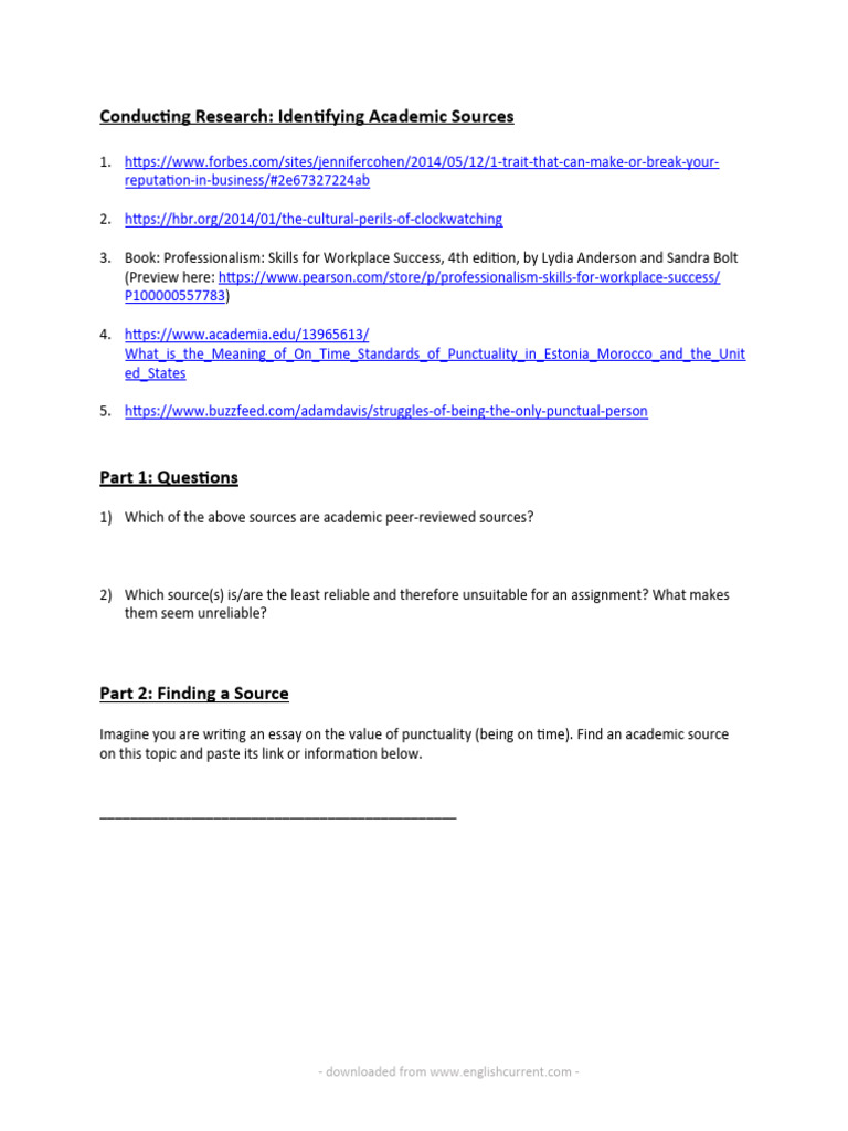 Finding Academic Sources Worksheet | PDF