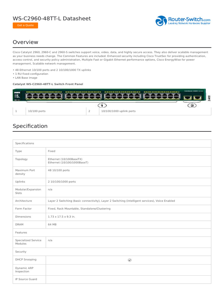 Ws c2960 48tt L Datasheet | PDF | Network Switch | Computer Network