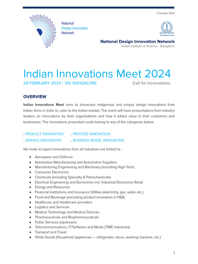 Indian Innovations Meet - IISc Bangalore - 28 Feb 2024 - Call For ...