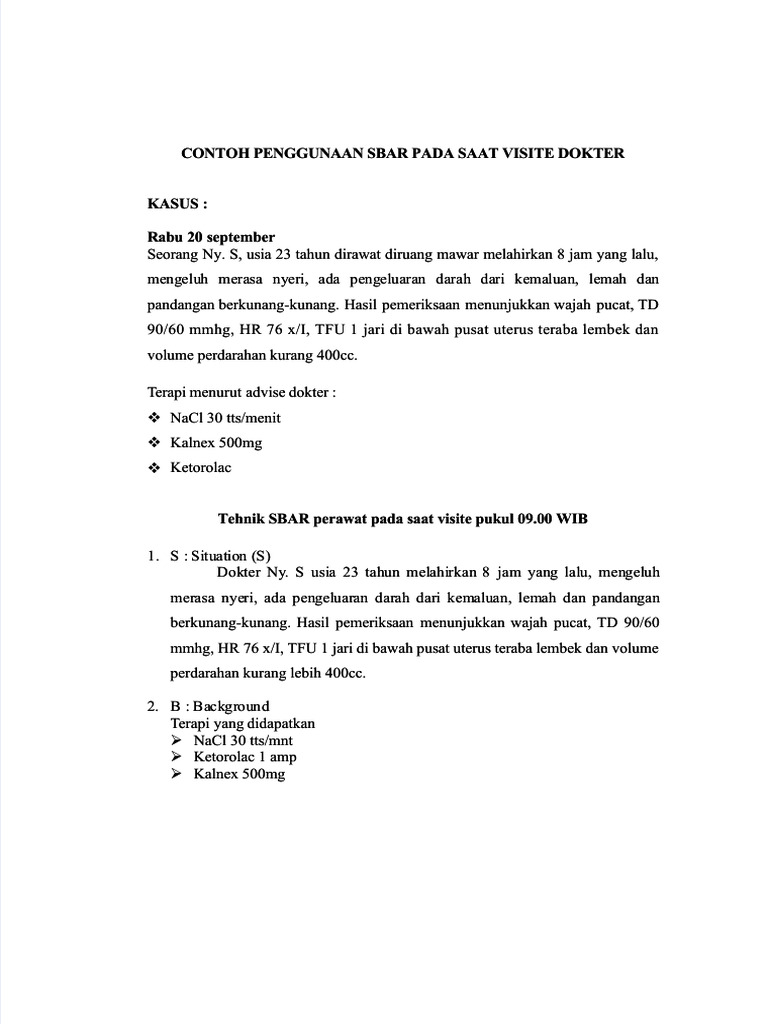 PDF Contoh Penggunaan Sbar Pada Saat Visite Dokter - Compress | PDF