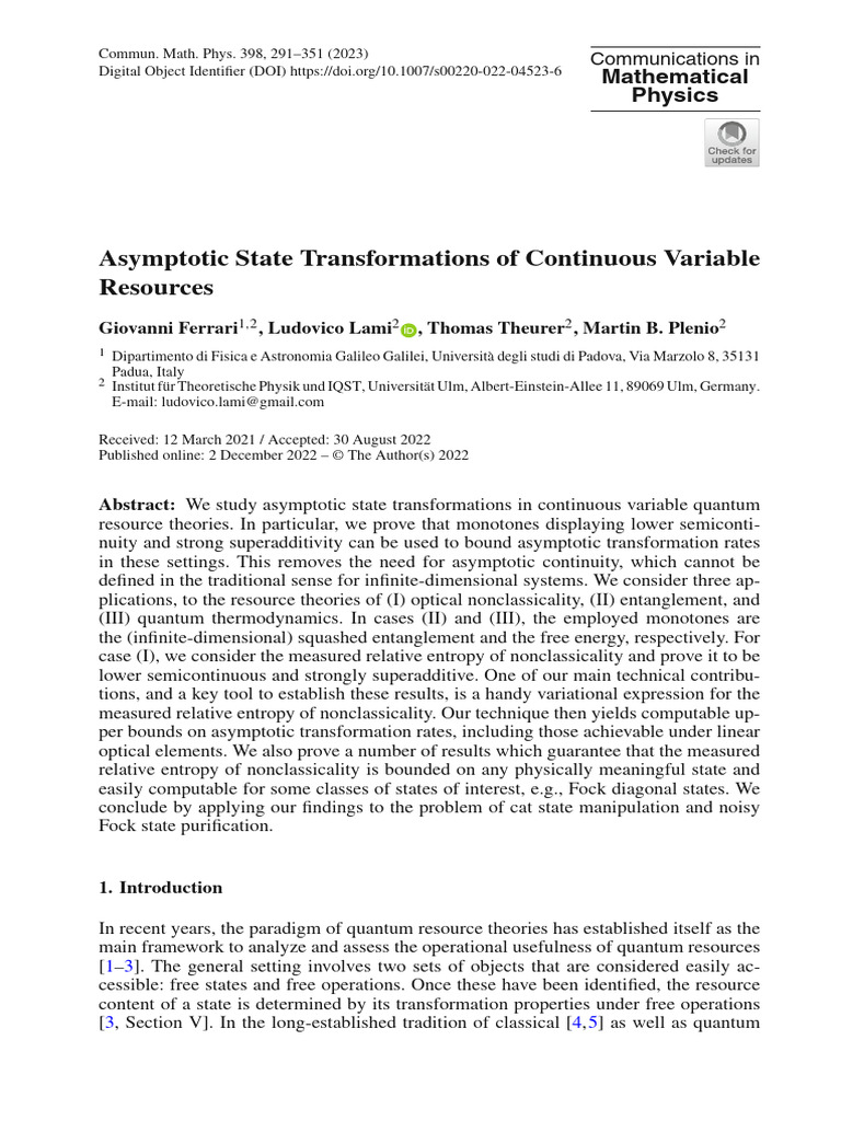 Asymptotic State Transformations of Continuous Variable Resources | PDF | Operator (Mathematics ...