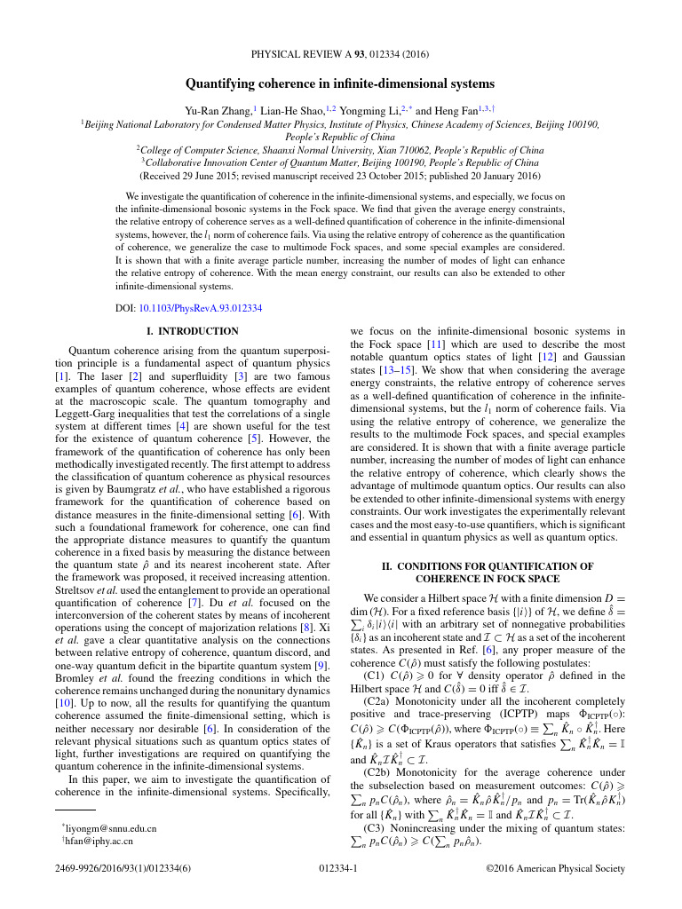Quantifying Coherence in Infinite-Dimensional Systems: 10.1103/physreva.93.012334 | PDF ...