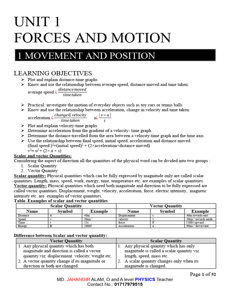 UNIT 1 Chaptar 1 MOVEMENT AND POSITION (Repaired) | PDF | Velocity | Euclidean Vector