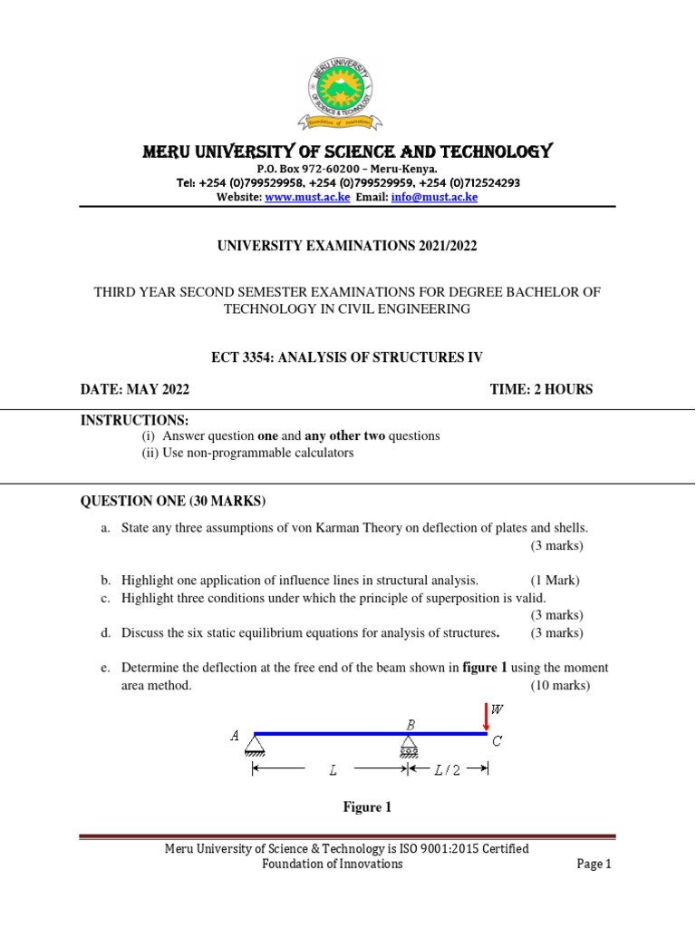 ECT-3354-ANALYSIS-OF-STRUCTUREs Quiz 1 | PDF | Bending | Beam (Structure)