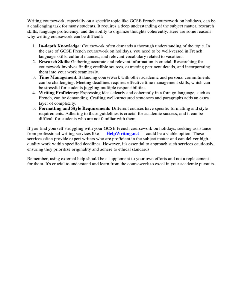 Gcse French Coursework On Holidays | PDF