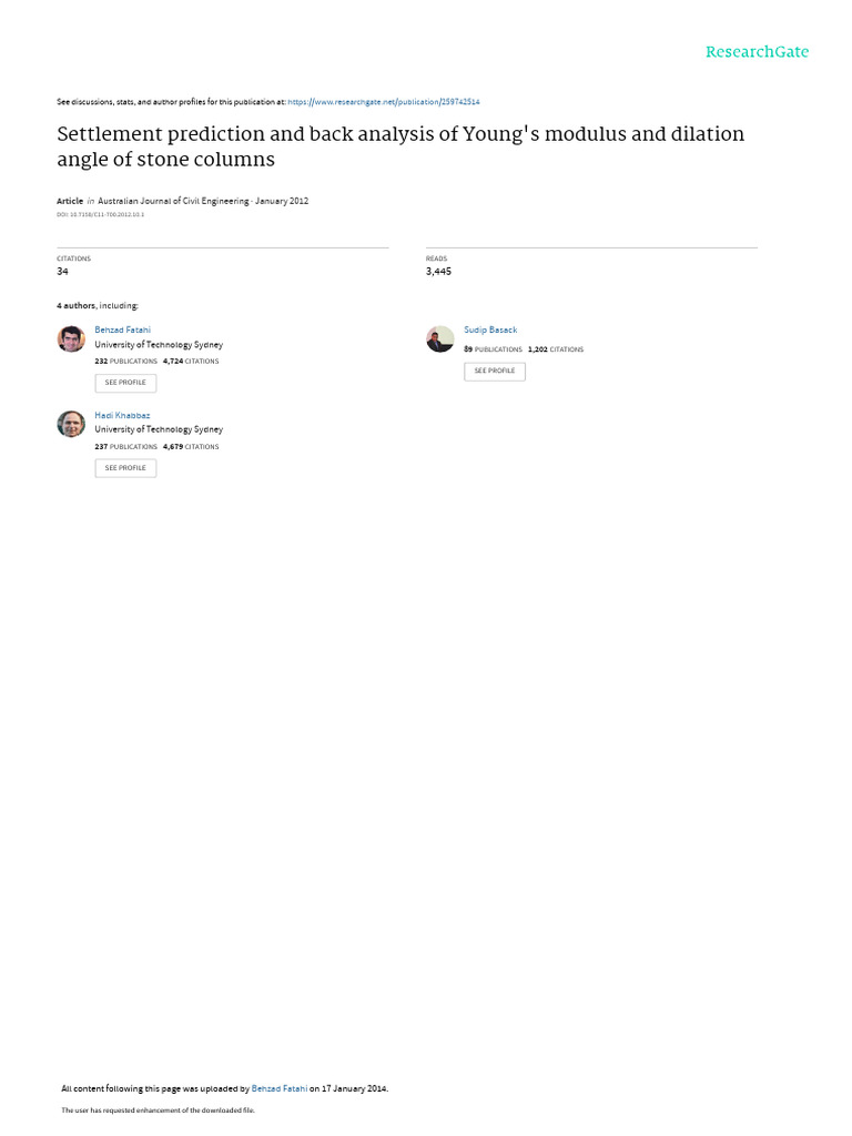 Settlement Prediction and Back Analysis of Young's Modulus and Dilation Angle of Stone Columns ...