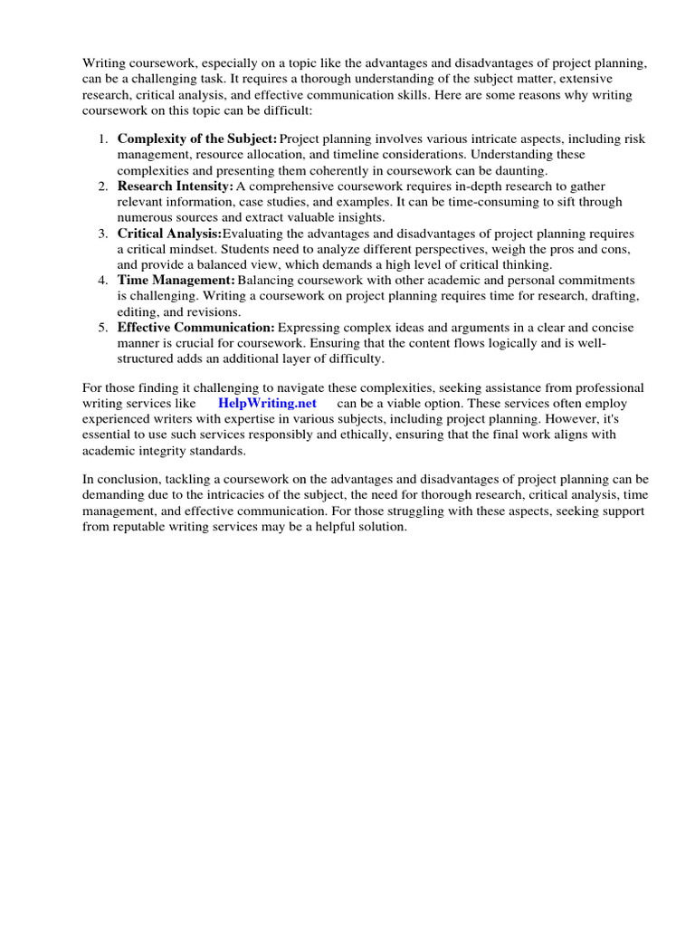 Advantages and Disadvantages of Project Planning Coursework | PDF ...