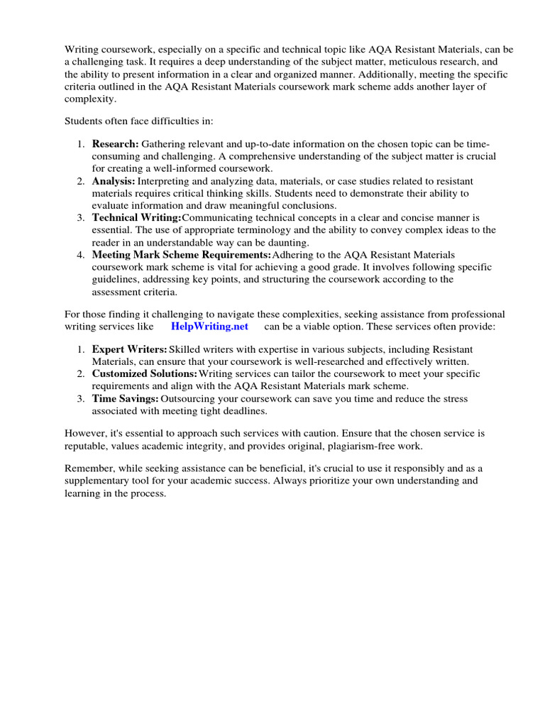 Aqa Resistant Materials Coursework Mark Scheme | PDF