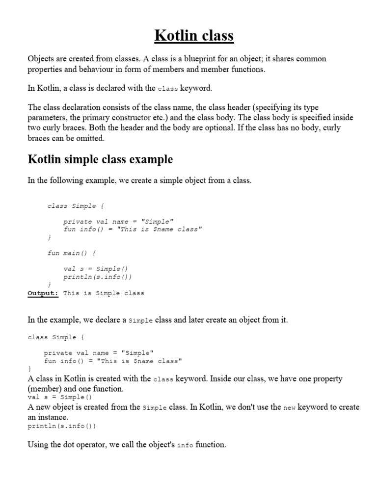 Kotlin Class | PDF | Class (Computer Programming) | Programming Kotlin Class | PDF | Class (Computer Programming) | Programming