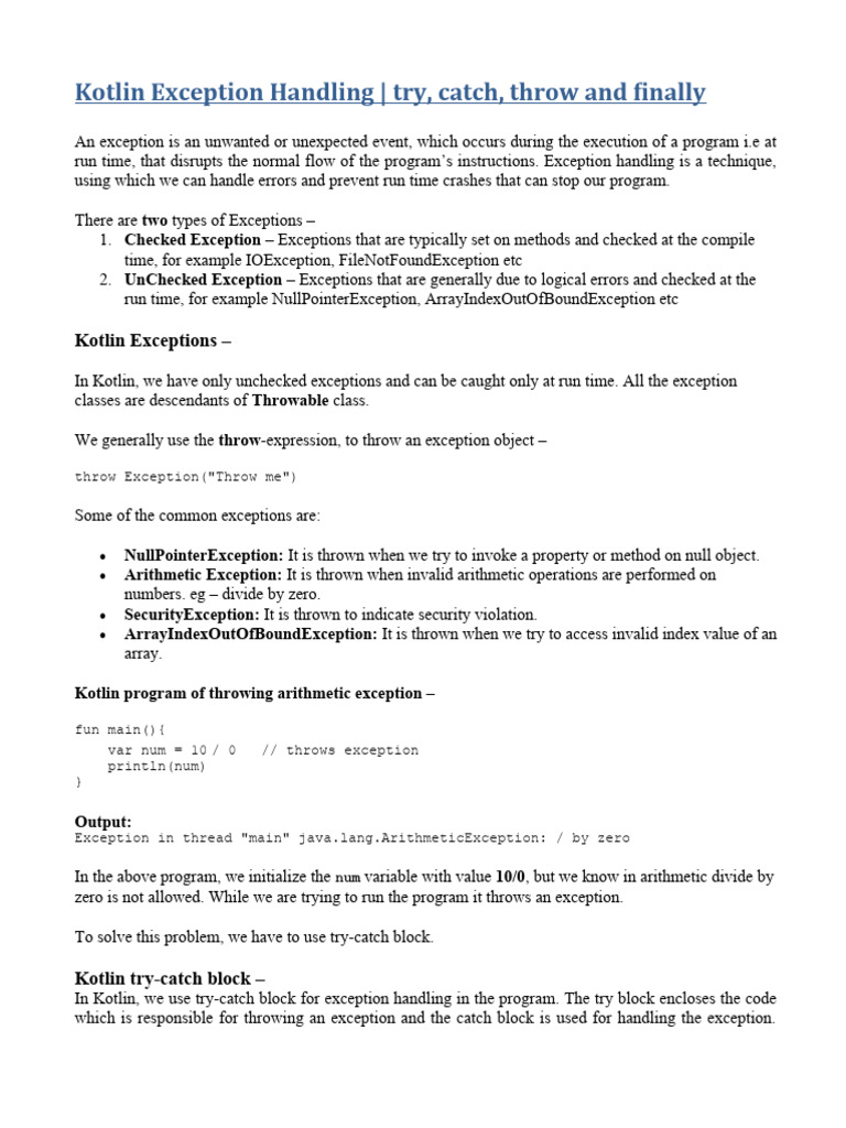 Kotlin Exception Handling Pdf Parameter Computer Programming Computer Science