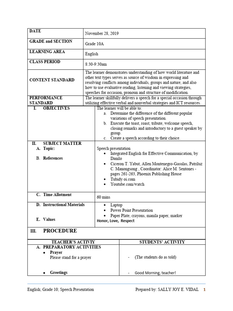 Lesson Plan SPEECH PRESENTATION | PDF | Pronoun | Learning