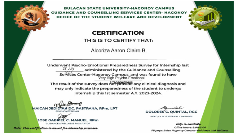 Full Name Psycho-Emotional Preparedness Certificate | PDF