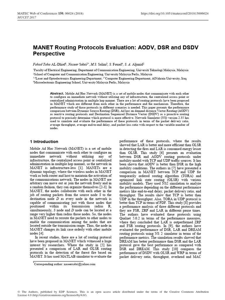 MANET Routing Protocols Evaluation - AODV, DSR and DSDV Perspective | PDF | Wireless Ad Hoc ...