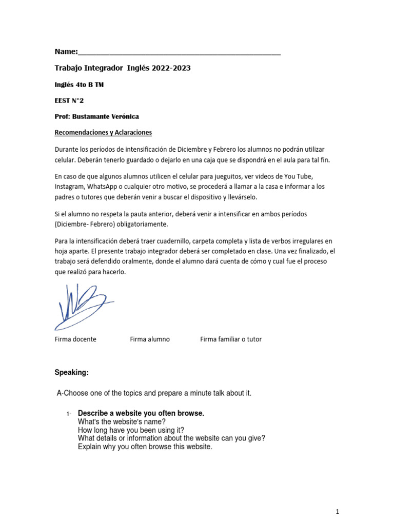 Trabajo Integrador Inglés 2022-23 4to B-1 | PDF