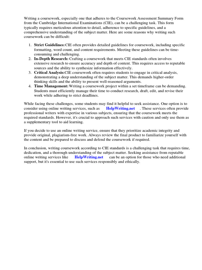 Coursework Assessment Summary Form Cie | PDF | Educational Assessment ...