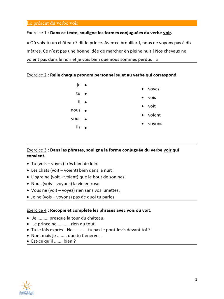 Le Présent Du Verbe Voir Pour La Classe | PDF