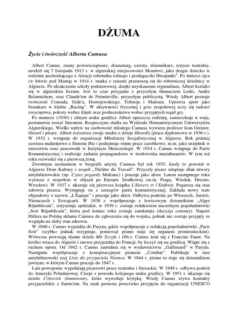 Albert Camus - Dżuma - Streszczenie I Opracowanie | PDF