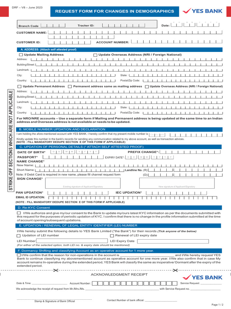 Yes Bank Demographic Change Request Form | PDF | Authentication | Banks