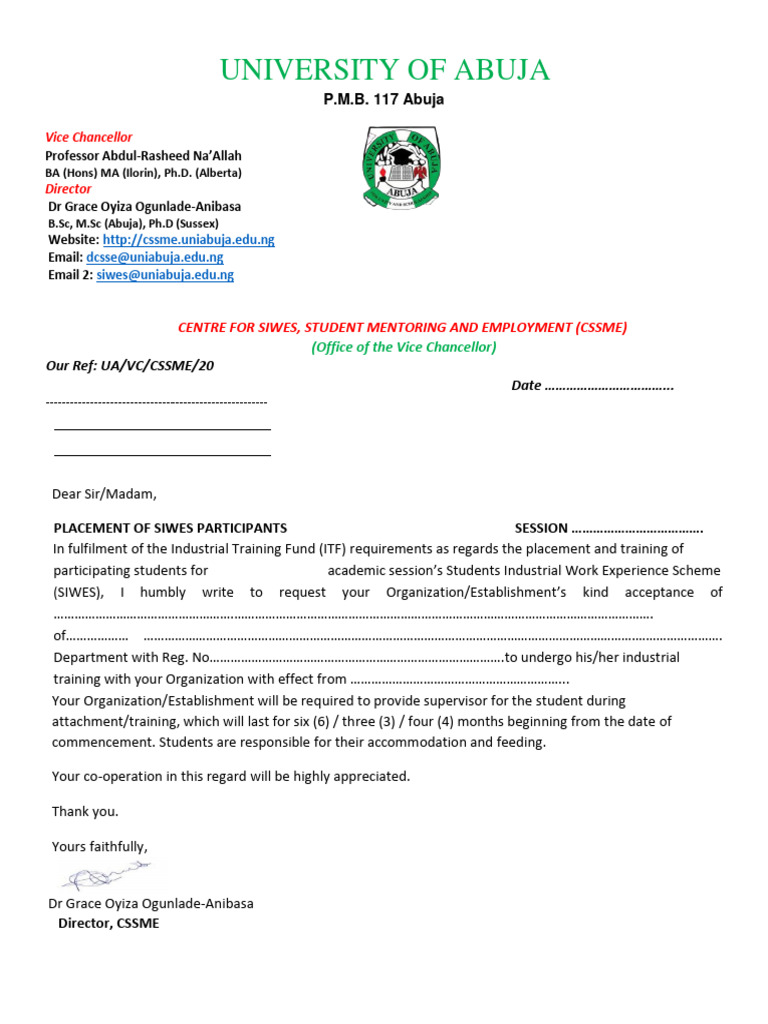 SIWES Placement Request Letter Template | PDF