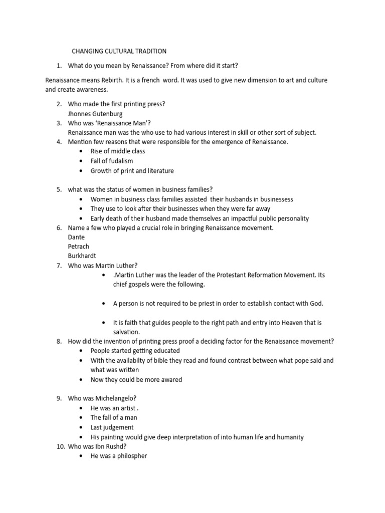 Key Questions on Renaissance Impact | PDF | Renaissance | Humanism