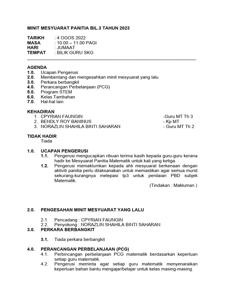 Minit Mesyuarat Panitia Bil 3 | PDF
