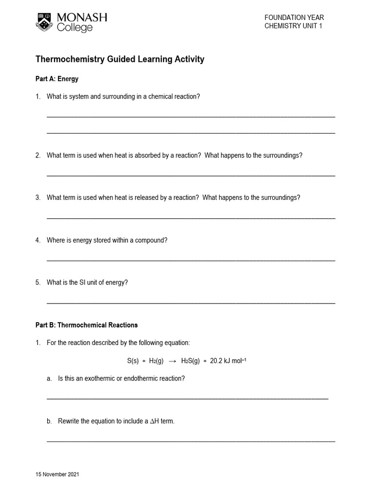 Thermochemistry Guided Learning Activity (Updated) | PDF | Chemical ...