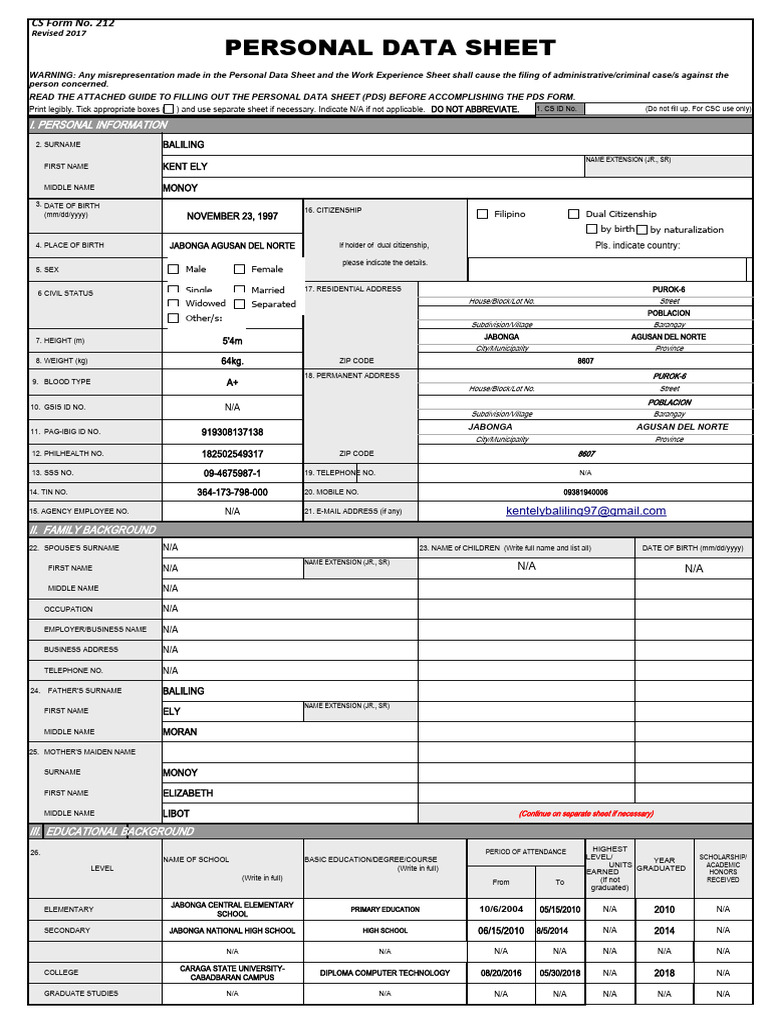 Personal Data Sheet - CS Form 212 | PDF | Justice | Crime & Violence