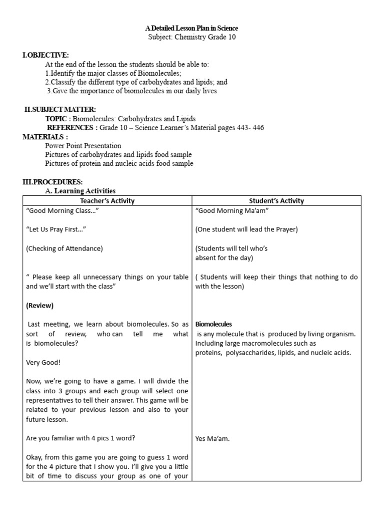 A Detailed Lesson Plan in Science | PDF | Carbohydrates | Biomolecules