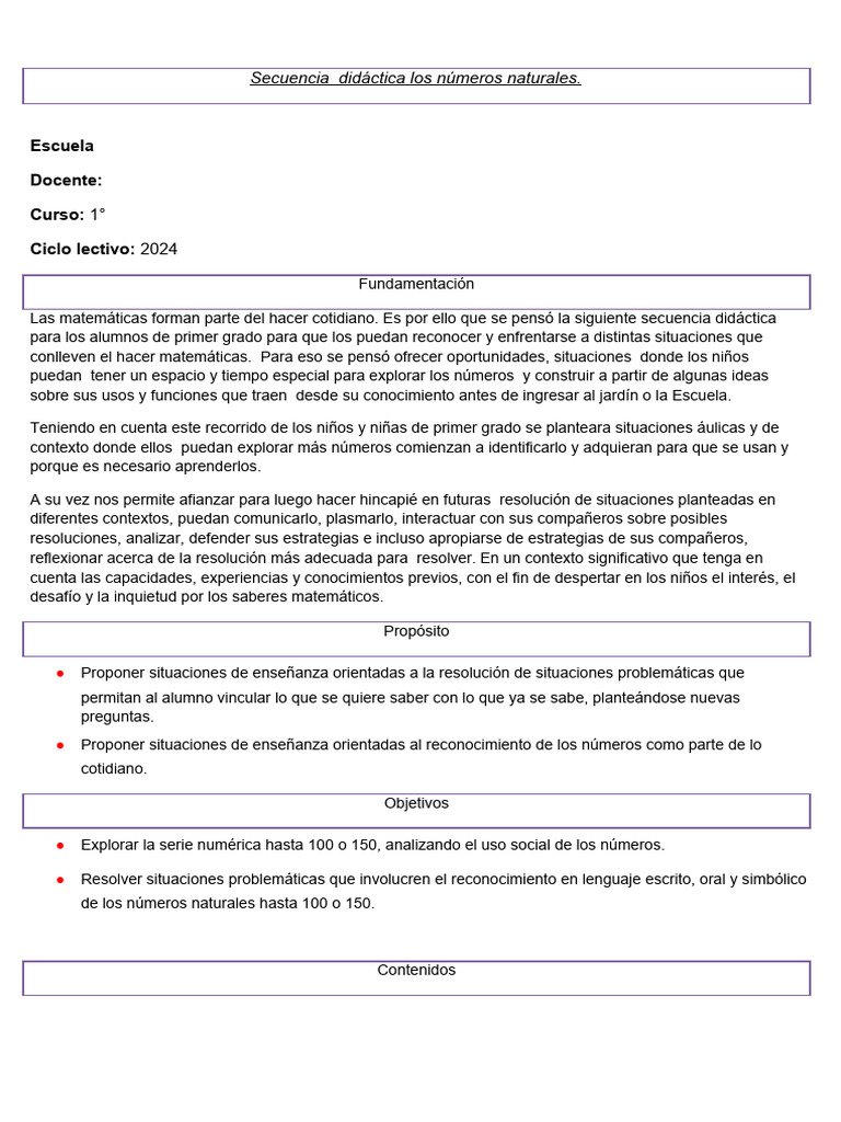 Secuencia Didáctica: Números Naturales 1° | PDF | Enseñando | Matemáticas