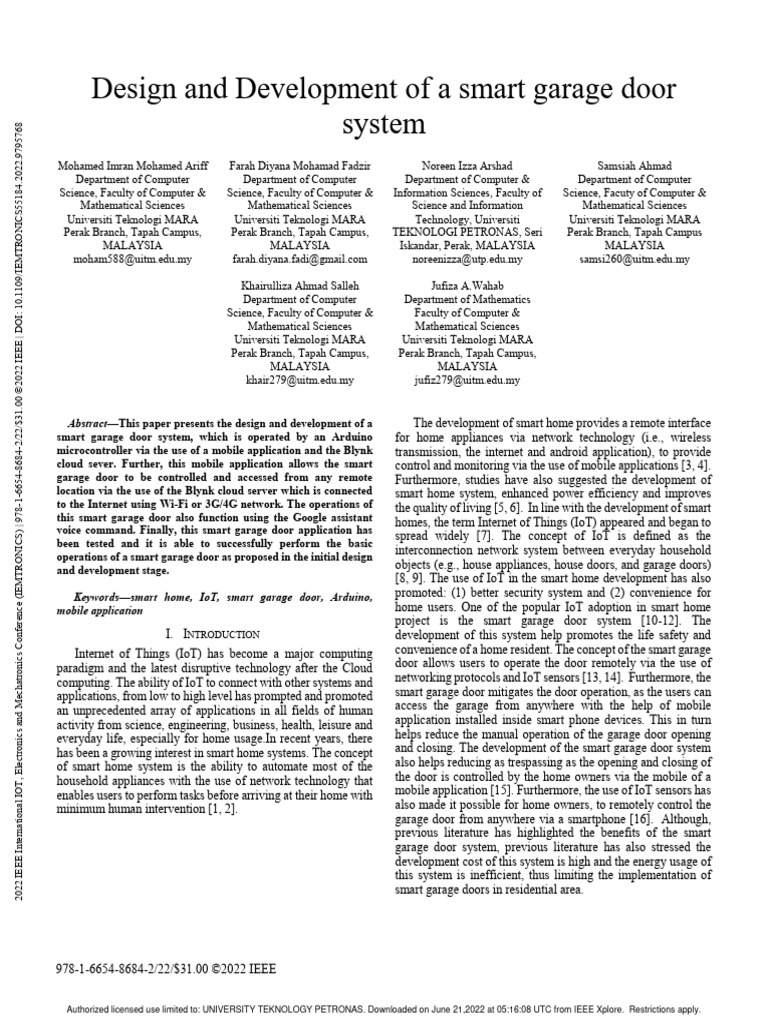 Design And Development Of A Smart Garage Door System Pdf Internet