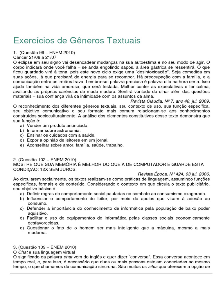 Exercicios Generos Textuais | Download grátis PDF | Comunicação | Gênero Exercicios Generos Textuais | Download grátis PDF | Comunicação | Gênero