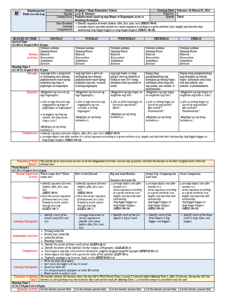 Kindergarten-DLL-MELC-Q3-Week 5 Asf | PDF
