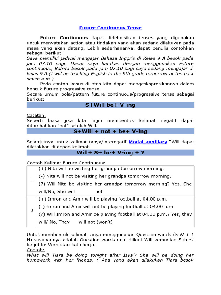 Contoh Kalimat Future Continuous Tense | PDF | Seni & Disiplin Bahasa