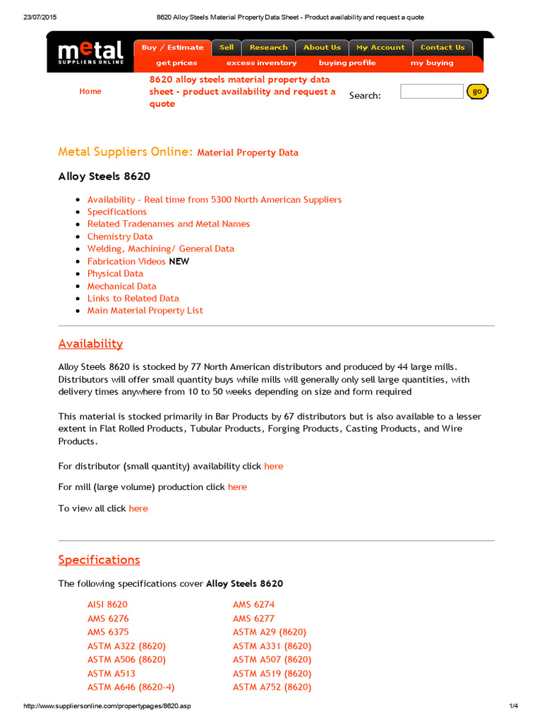 8620 Alloy Steels Material Property Data Sheet - Product Availability and Request A Quote | PDF ...