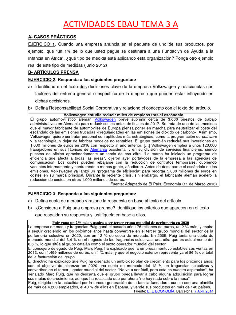 Actividades Ebau Tema 3 A | Descargar gratis PDF | Volkswagen | Business