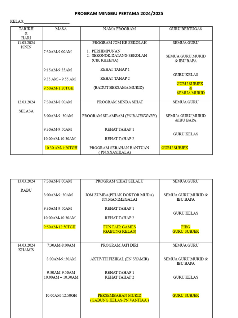 Program Minggu Pertama 2024 2 | PDF