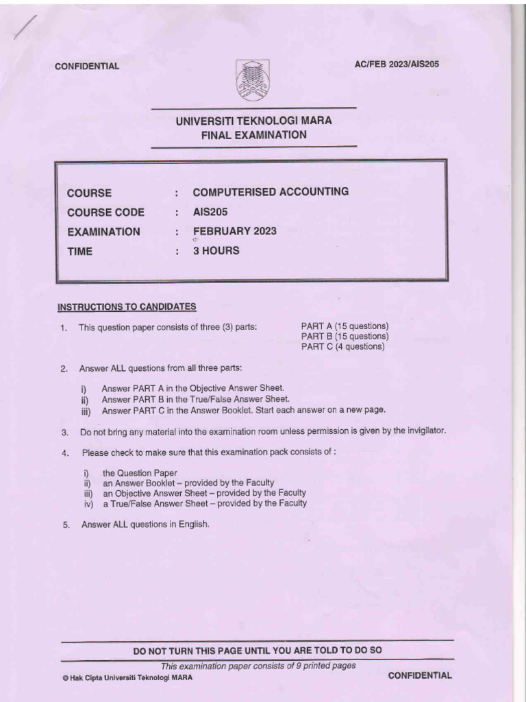 Ais205 Computerised Accounting Final Exam Question Feb2023 | PDF | Business