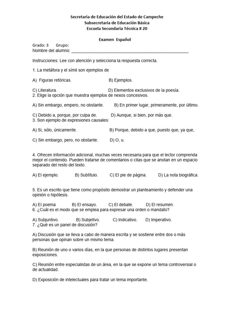 Examen de Español para 3er Grado | PDF