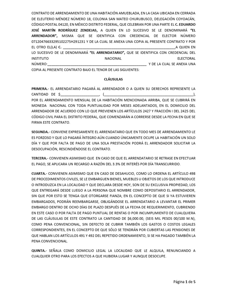 Contrato de Arrendamiento de Una Habitación Amueblada Machote | Descargar gratis PDF | Derecho ...