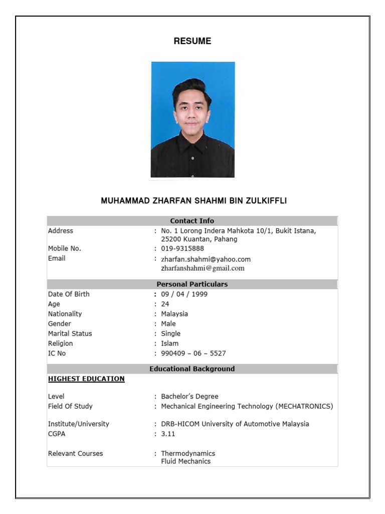 Resume (Muhammad Zharfan Shahmi) | PDF | Mechatronics | Computing