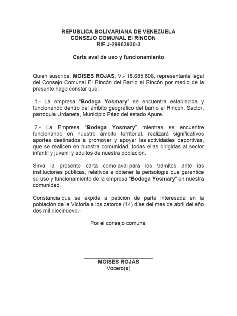 Carta Aval Por Consejo Comunal | PDF